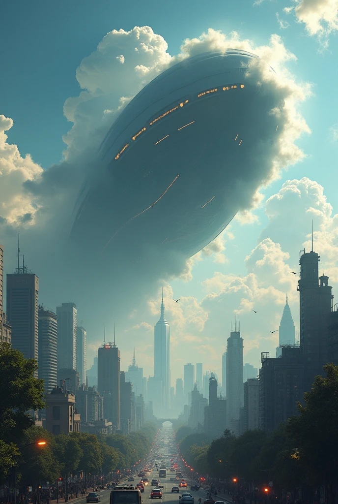 Set in a daytime city scene, the chaos of the city, in the sky there is ...