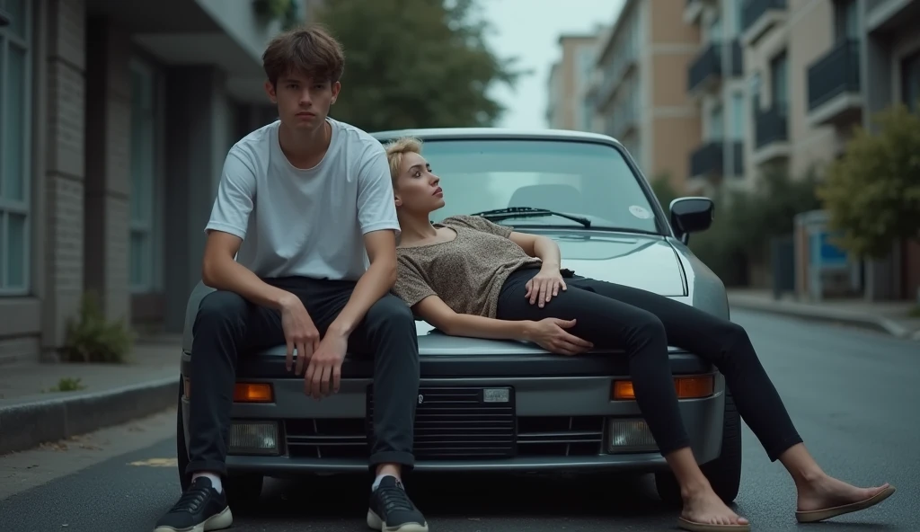Aesthetic boy individuals are depicted in a serene, shadowy urban ...