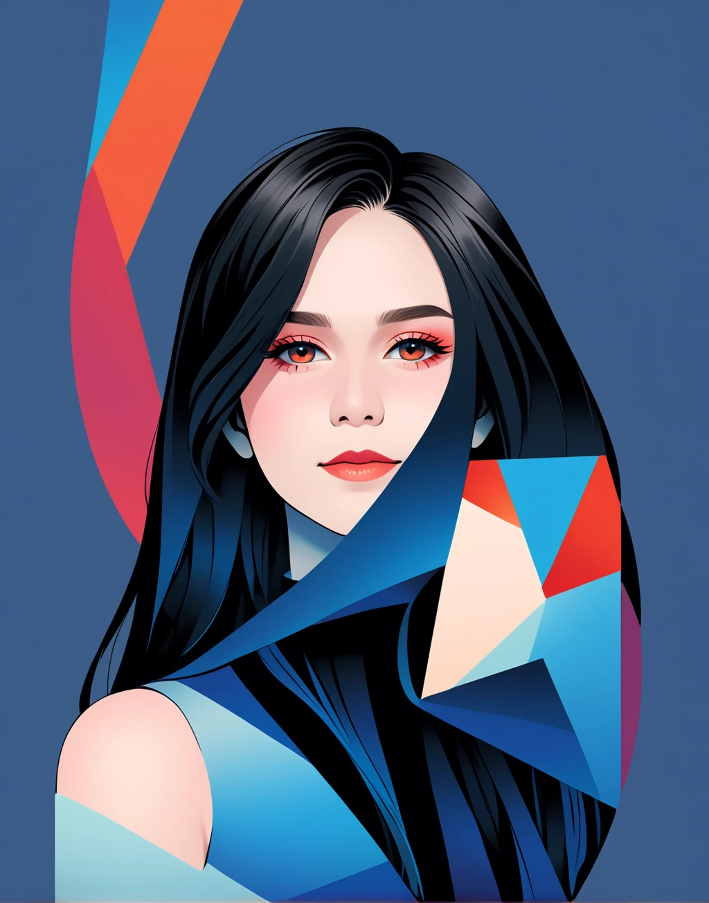 Anime girl with long black hair and blue dress with red and blue arrows ...
