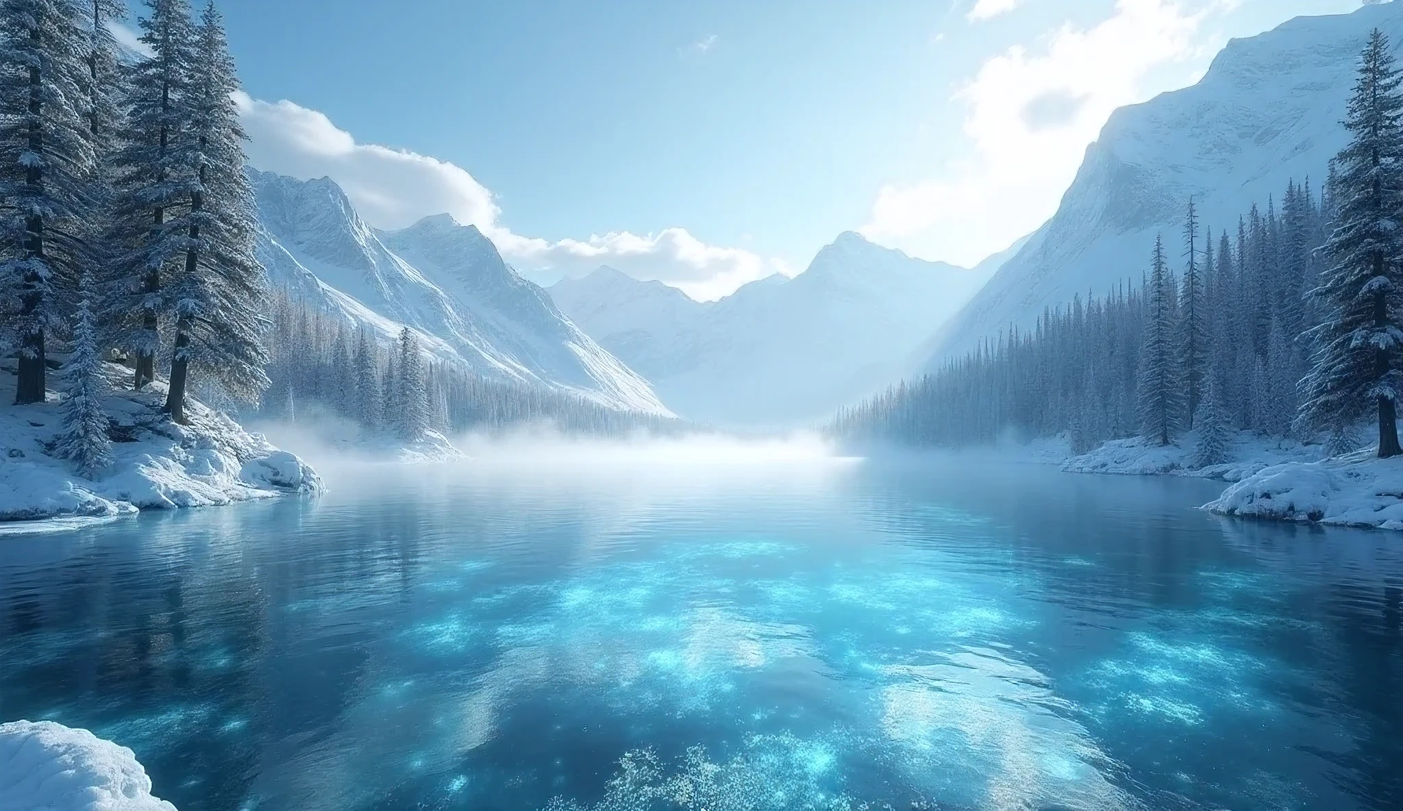 Snowy mountain landscape with a lake and trees in the foreground ...