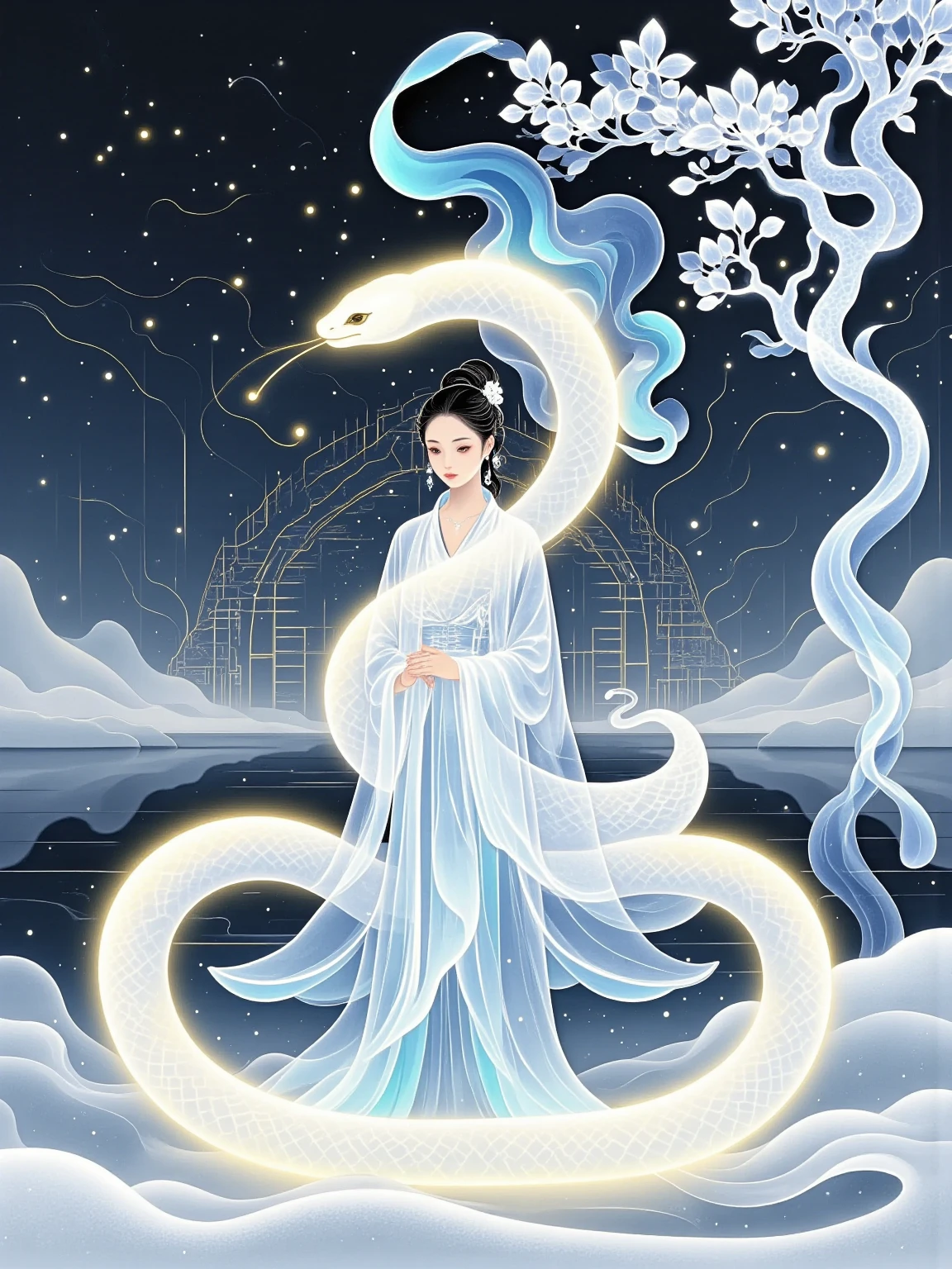 1girl, White Snake, Metallic, Hieronymus Bosch, Beautiful View - SeaArt AI