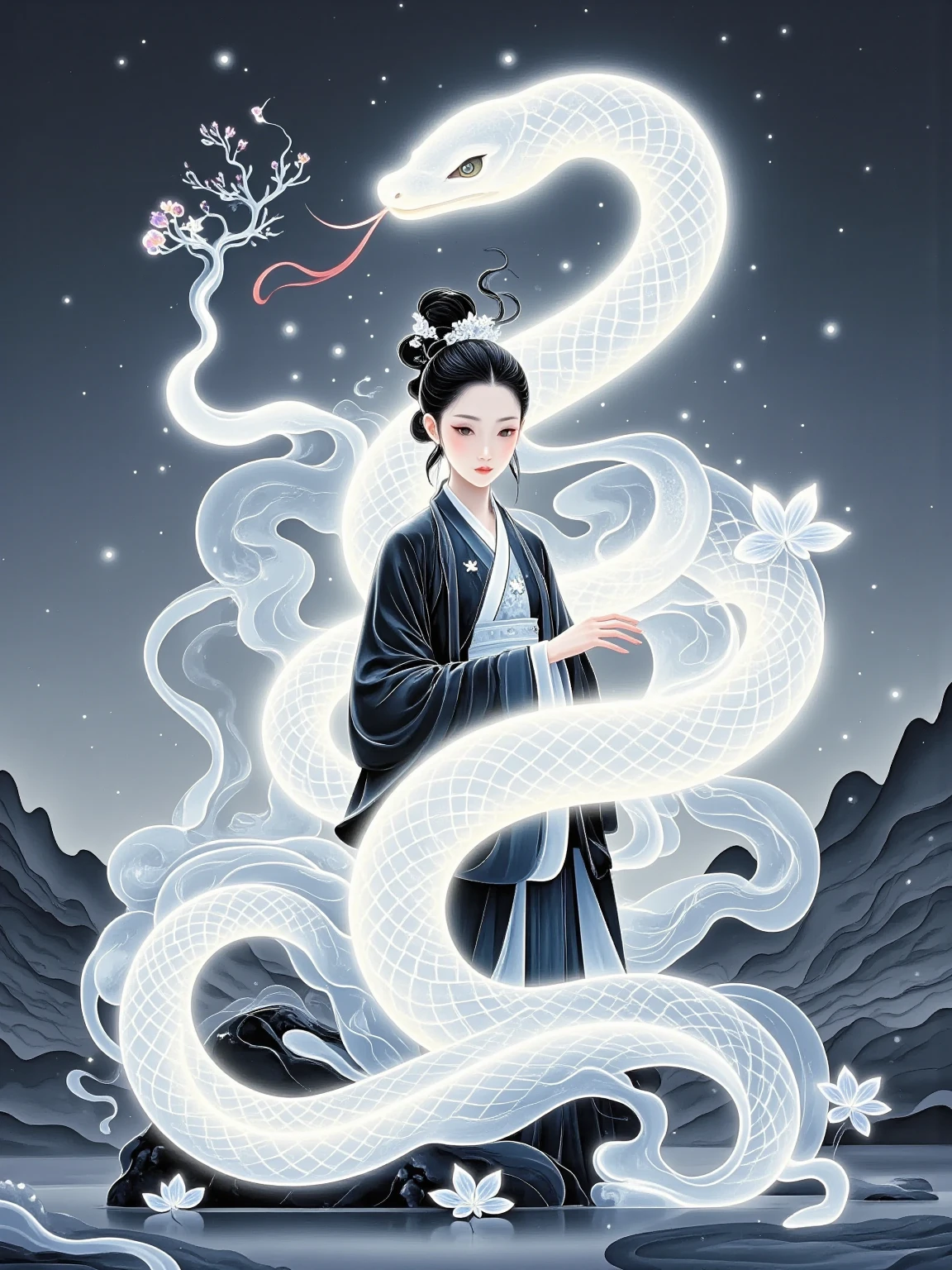 1girl, White Snake, Metallic, Hieronymus Bosch, Beautiful View - SeaArt AI