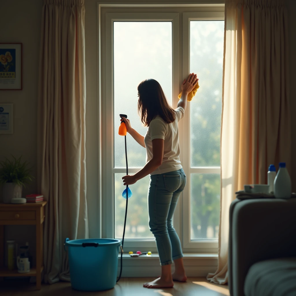 Hyperrealism picture, style as a photo, Real Woman , brunette cleans ...