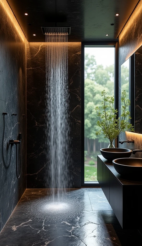 Luxurious bathroom with a black stone shower, Italian walk-in design ...