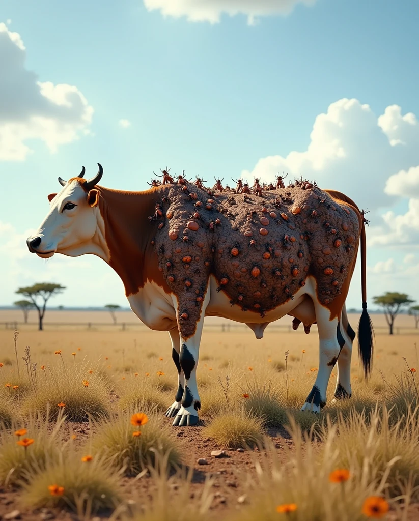 "A realistic HD image of a white and brown cow in a vast African ...
