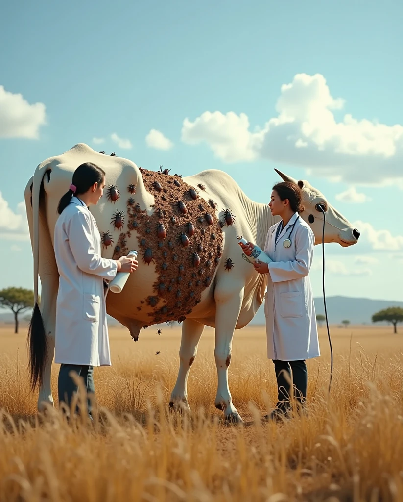 "A realistic HD image of a white and brown cow in a vast African ...