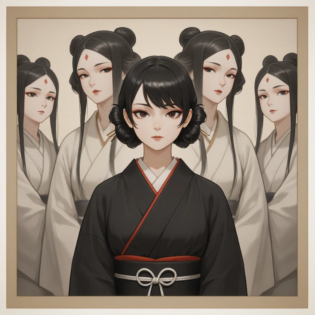 A single, solemn woman with eight heads, inspired by the Japanese ...