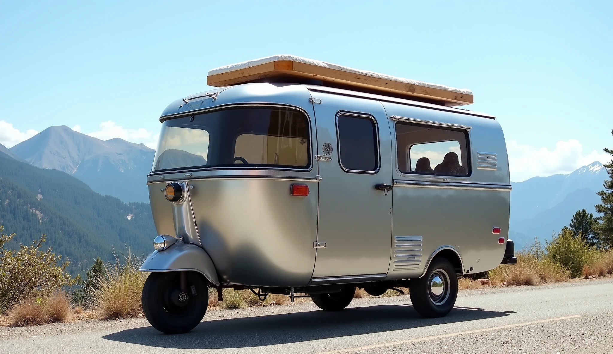 Arafed silver camper van with a wooden roof driving down a road - SeaArt AI