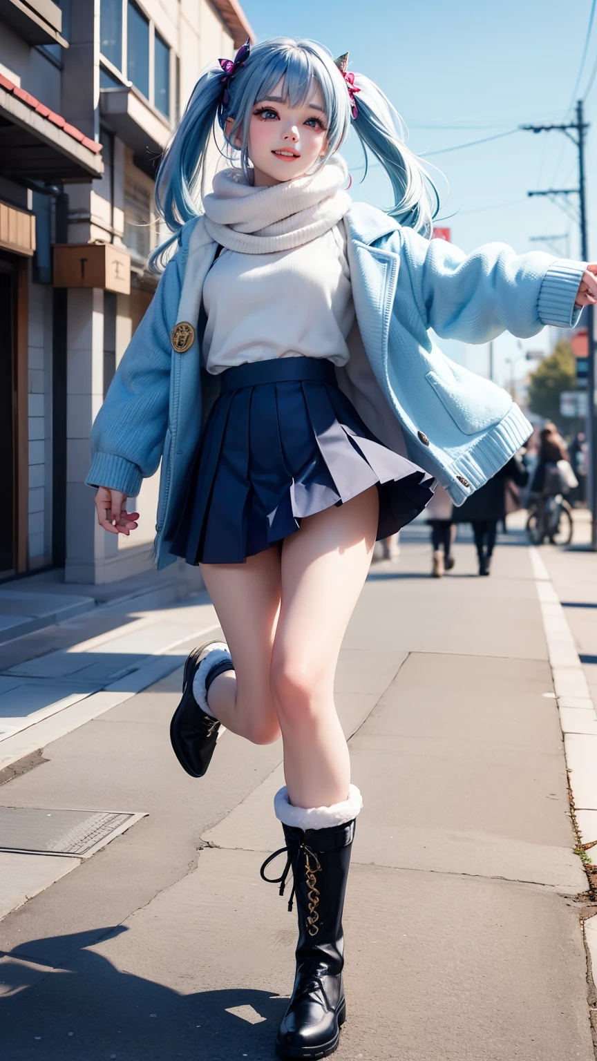 There is a woman in a short skirt and jacket walking down the street ...
