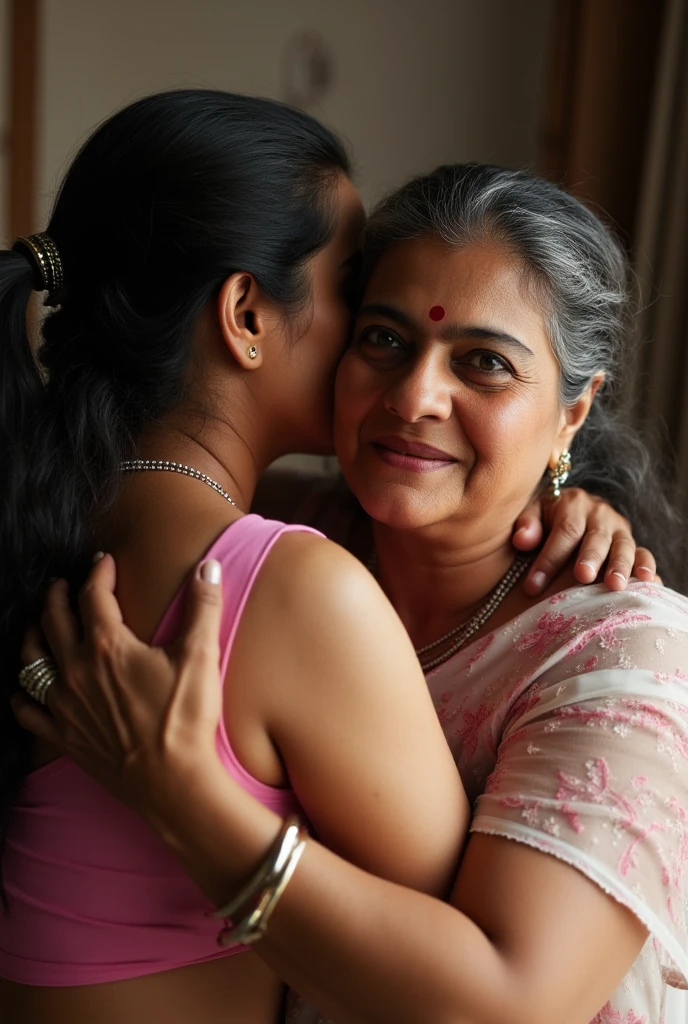 Intimate hug scene of a 55 year old South Indian dusky mature milf looks like - SeaArt AI