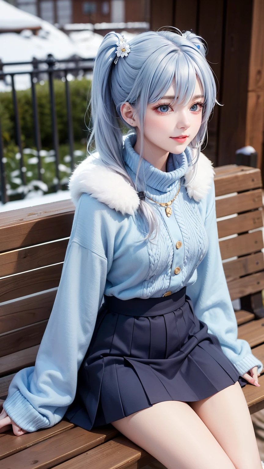 There is a woman sitting on a bench with a blue shirt - SeaArt AI