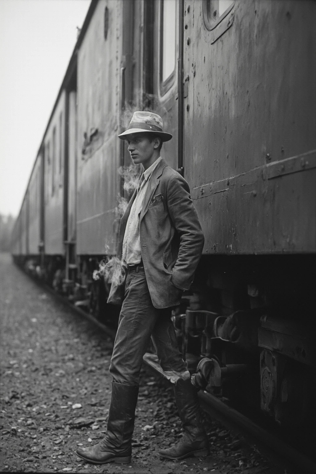 Wanderer Traveling While Riding an Unpaid Train "Hobo"Young man - SeaArt AI