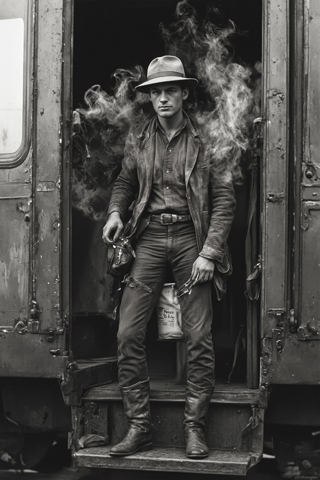 Wanderer Traveling While Riding an Unpaid Train "Hobo"A young man ...