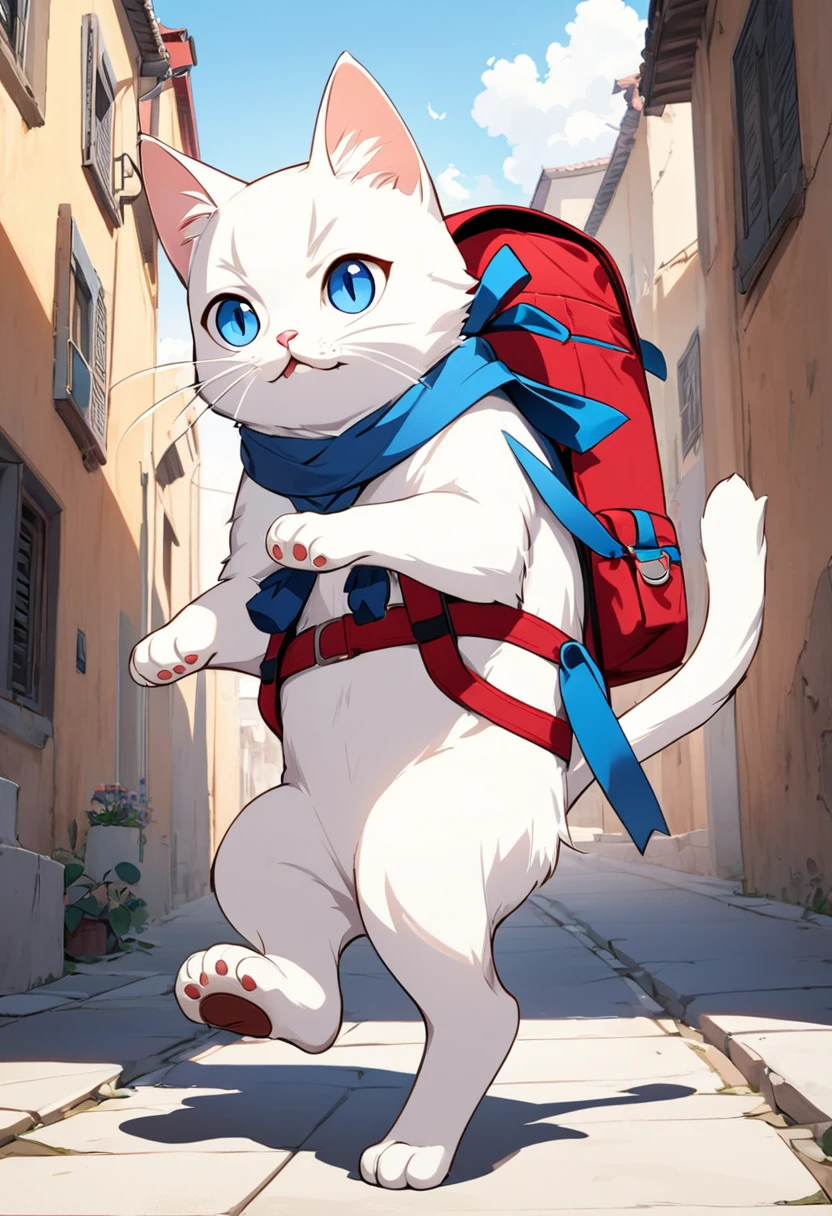 White backpacker cat carrying a small red rucksack ,Pale blue eyes - SeaArt AI