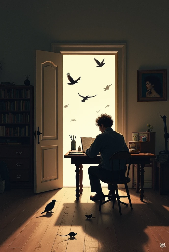 A poet’s room with a desk in the center. Near the desk draw a lire ...
