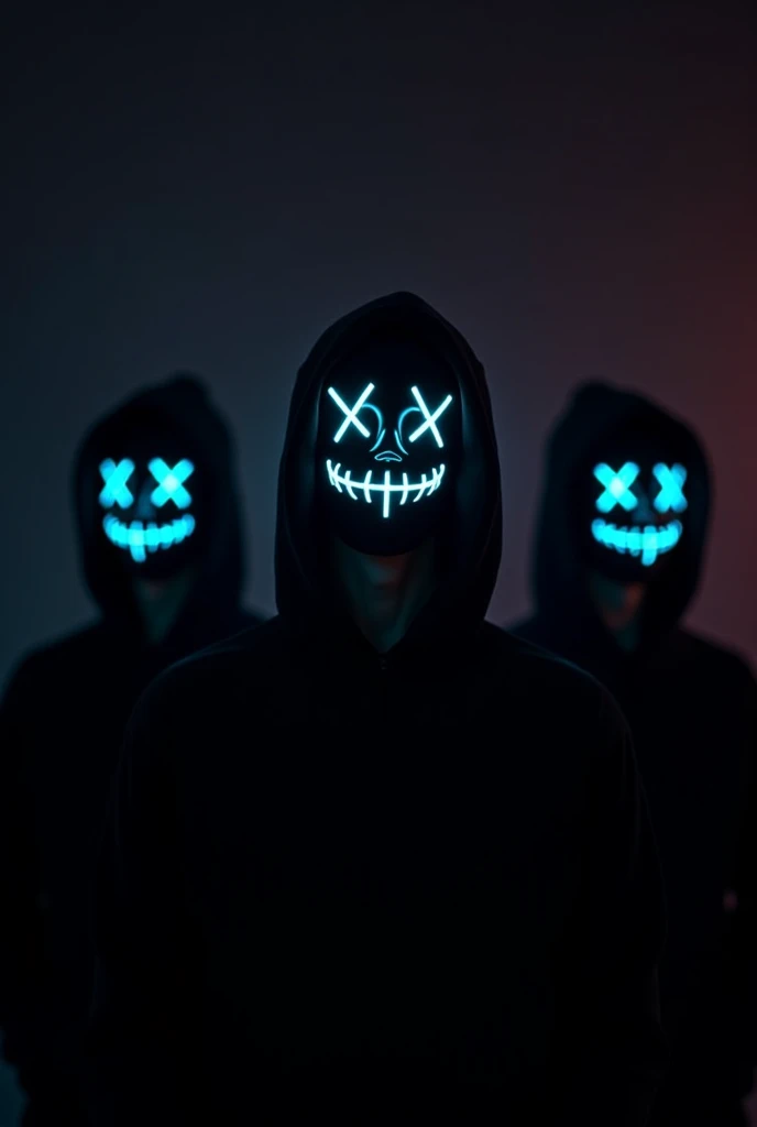 Three people wearing masks with glowing faces in the dark, faceless ...