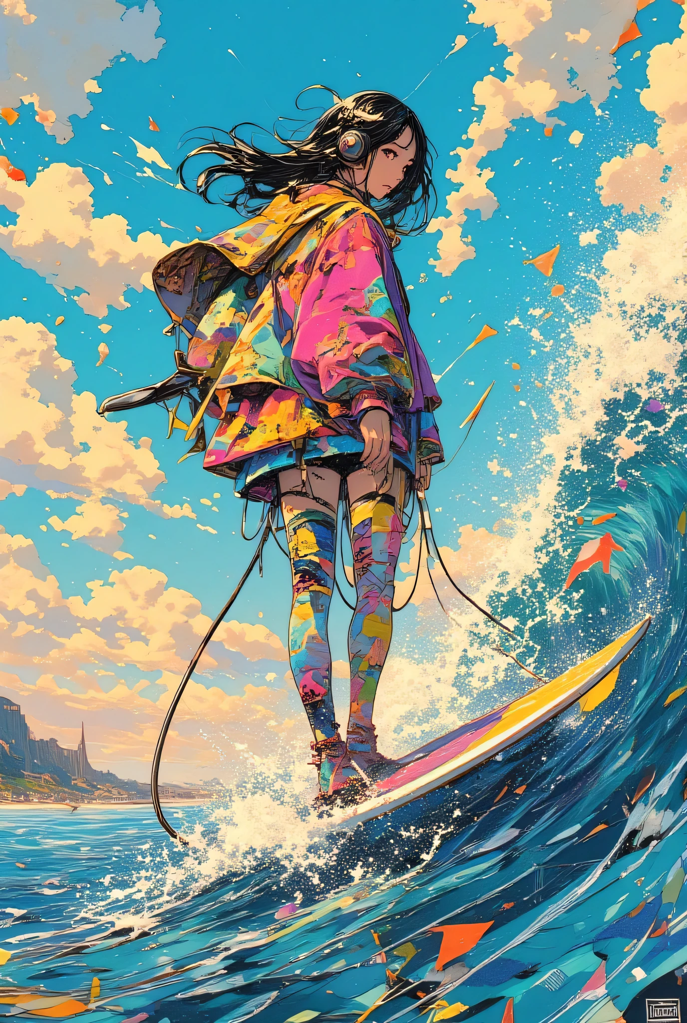 Anime girl on surfboard in the ocean with colorful clothes - SeaArt AI