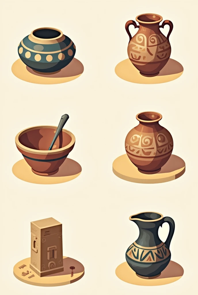 Six icons depicting artifacts from ancient Maya cultures, Aztecs ...