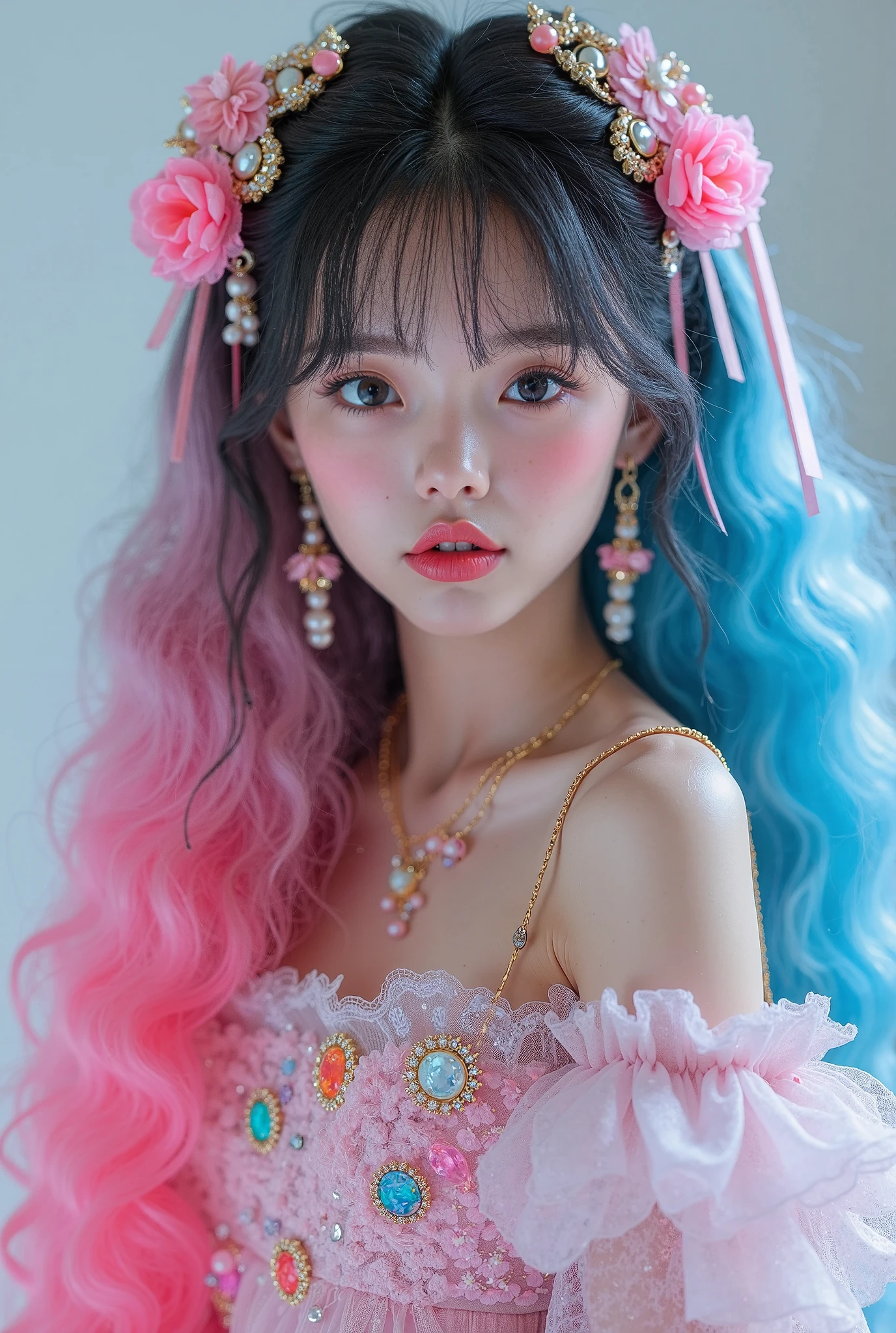 A close up of a doll with a pink and blue hair - SeaArt AI