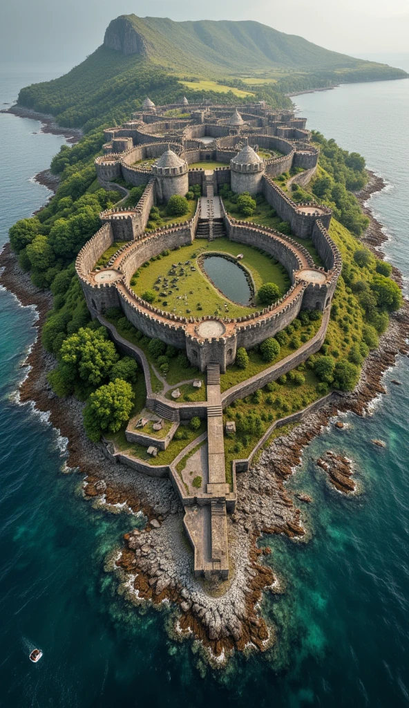 A bustling Medieval era fortified island village surrounded by ...