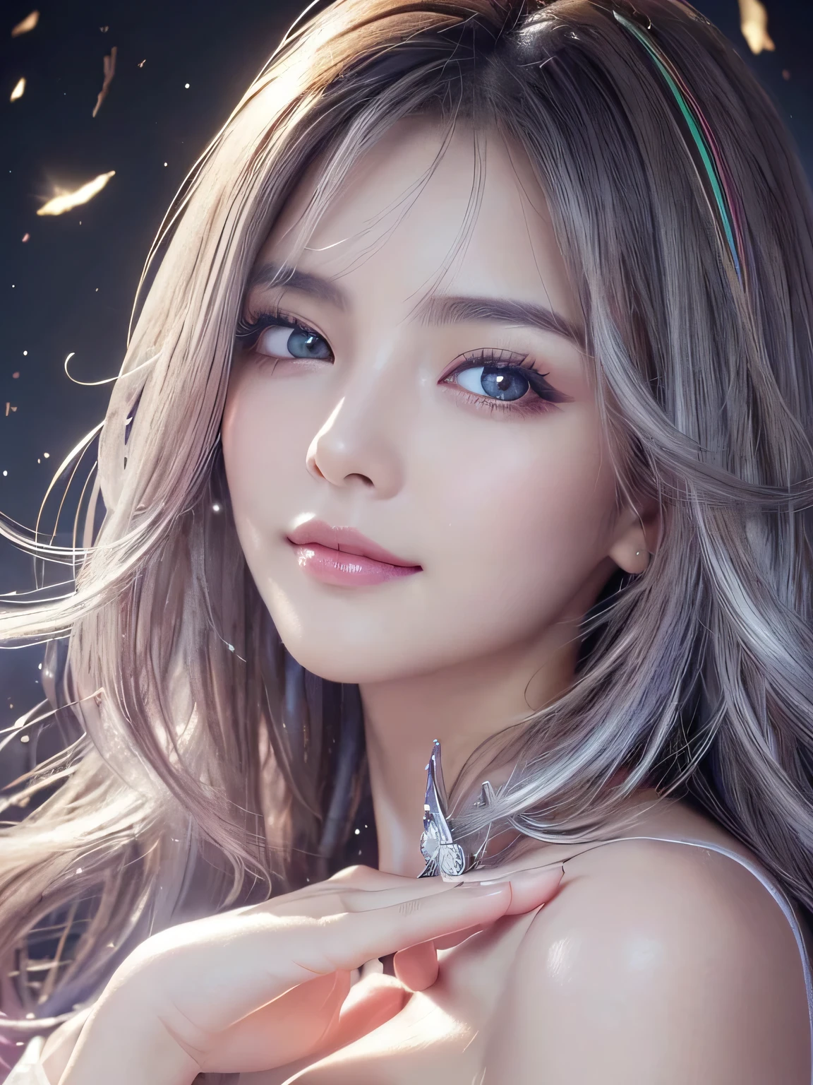 A close up of a woman with long hair and a butterfly in her hand ...