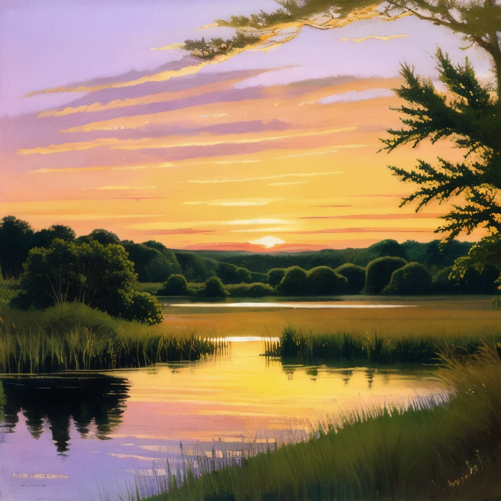 Painting of a sunset over a lake with a boat in the water - SeaArt AI