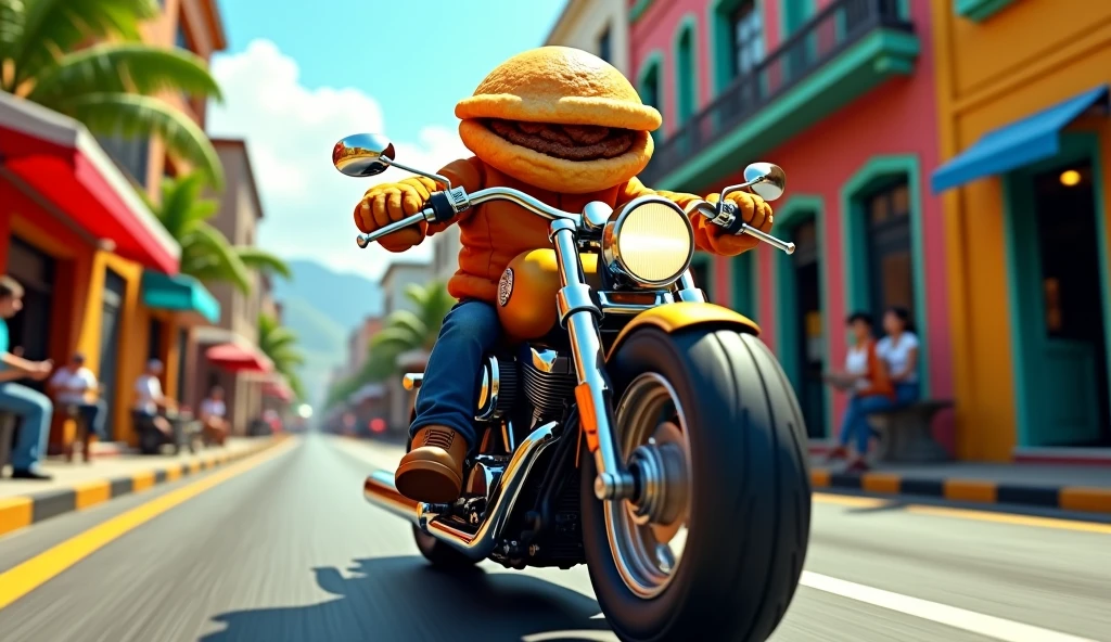Fried meat arepa driving a motorcycle - SeaArt AI