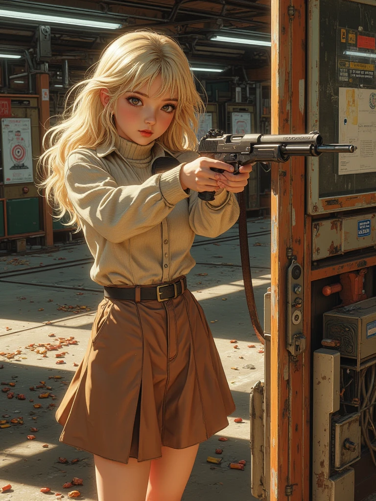Weapon, blonde hair, gun, basket, apron, red dress, red capelet - SeaArt AI