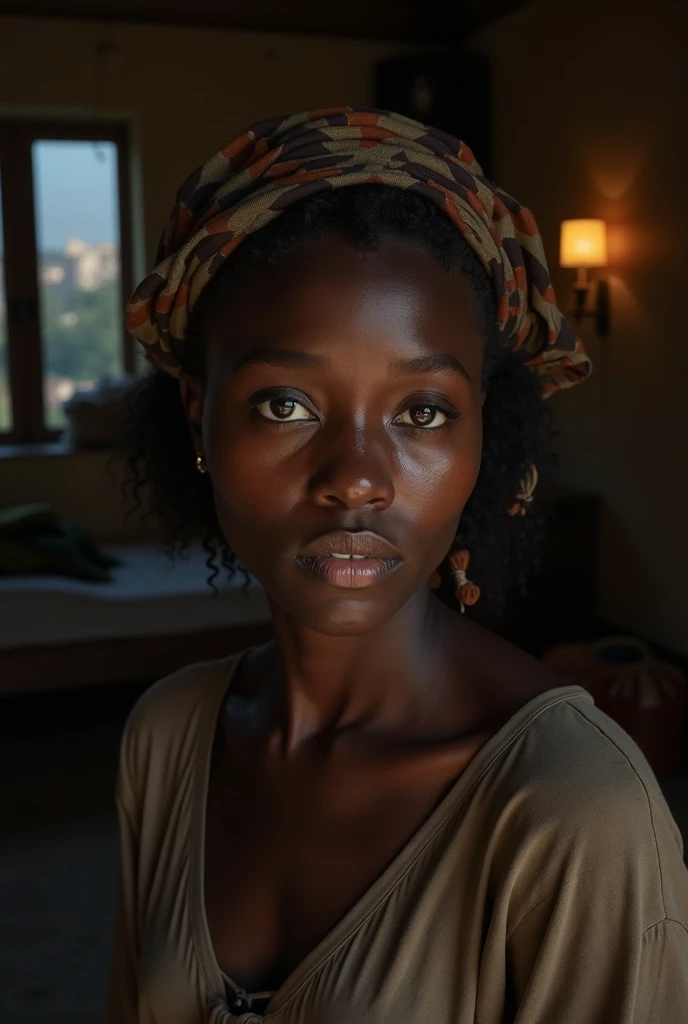 "A Black Kenyan woman in her early 30s, with deep brown skin and tired ...