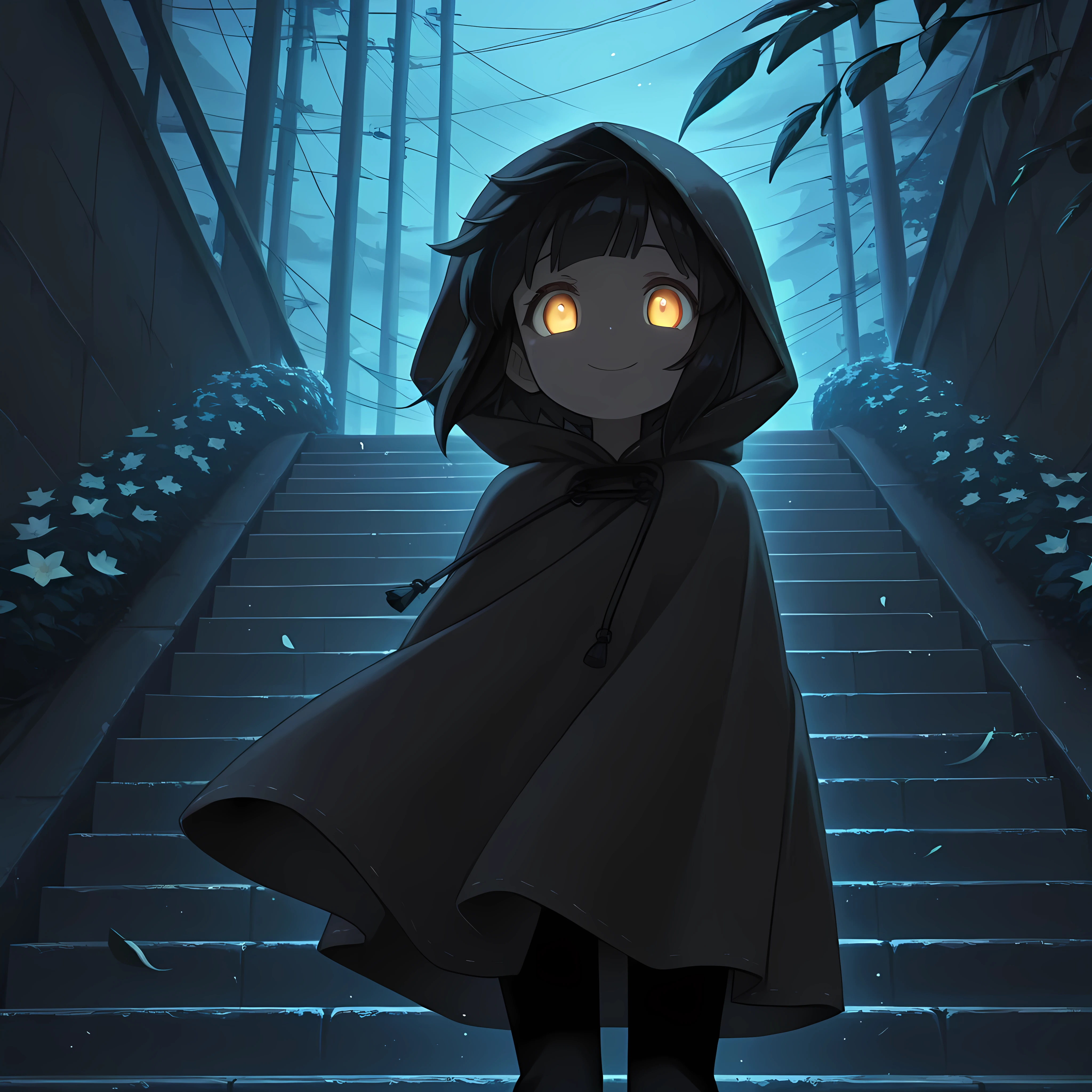 Anime character in cloak standing on stairs in dark forest - SeaArt AI