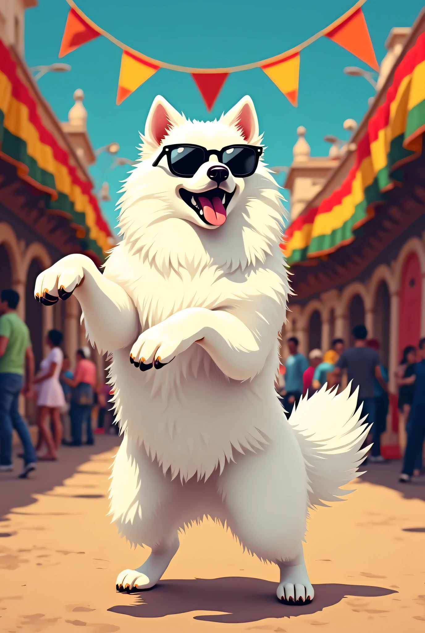 Draw with vector style a Samoyed dog with black sunglasses dancing at ...