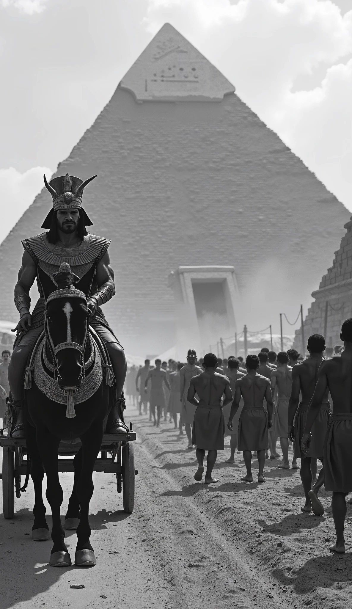Arafed man in a helmet riding a horse and cart in front of a pyramid ...