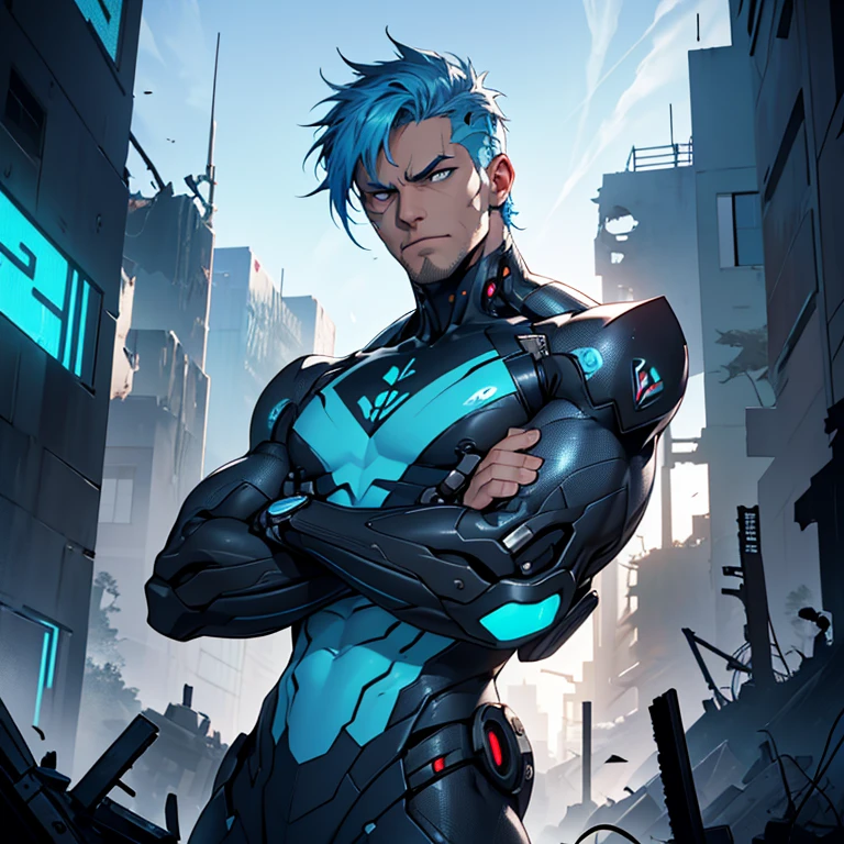 A highly detailed Cyborg, arms crossed in front of a destroyed city ...