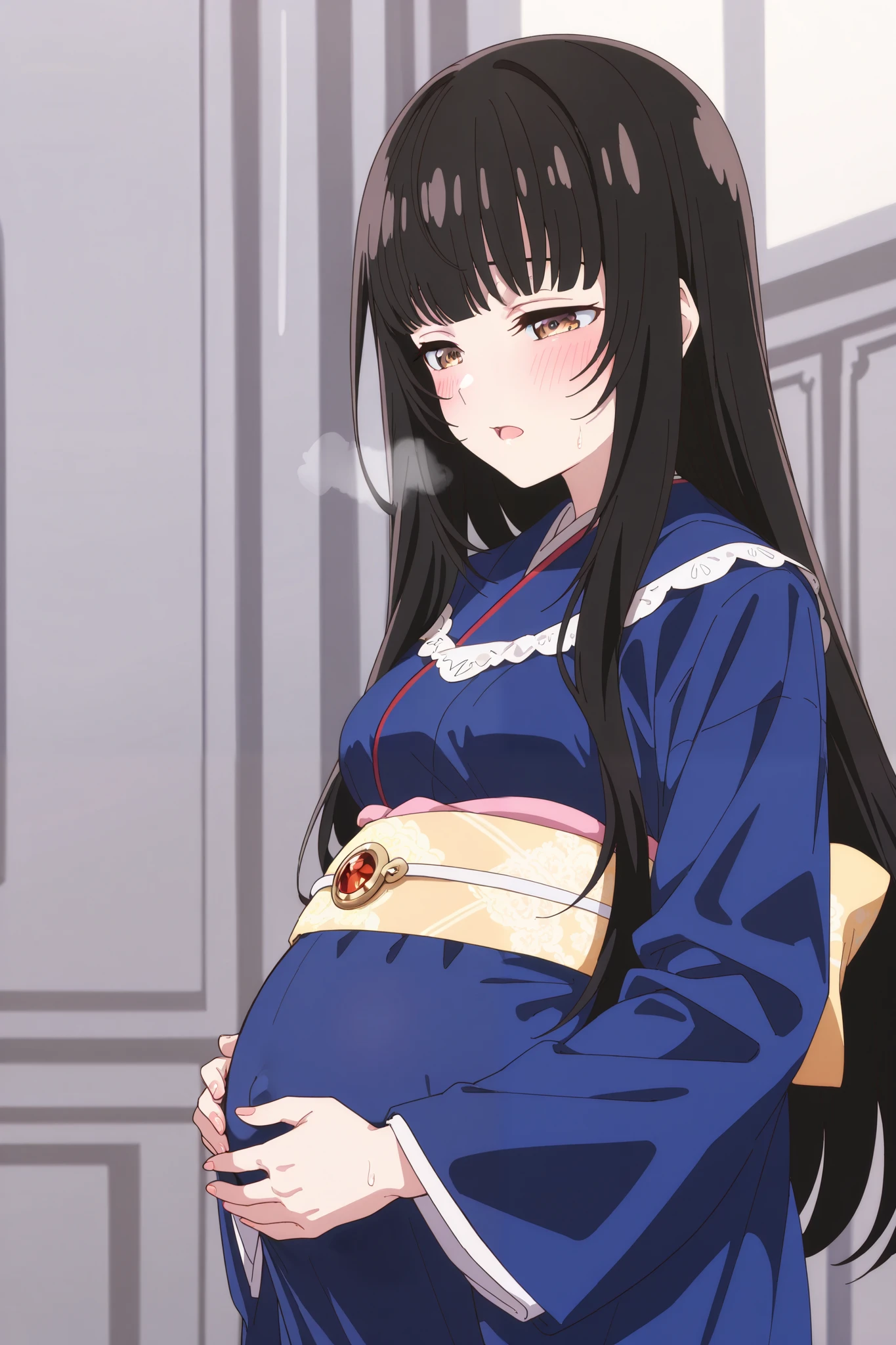 Anime image of a pregnant woman in a blue kimono - SeaArt AI
