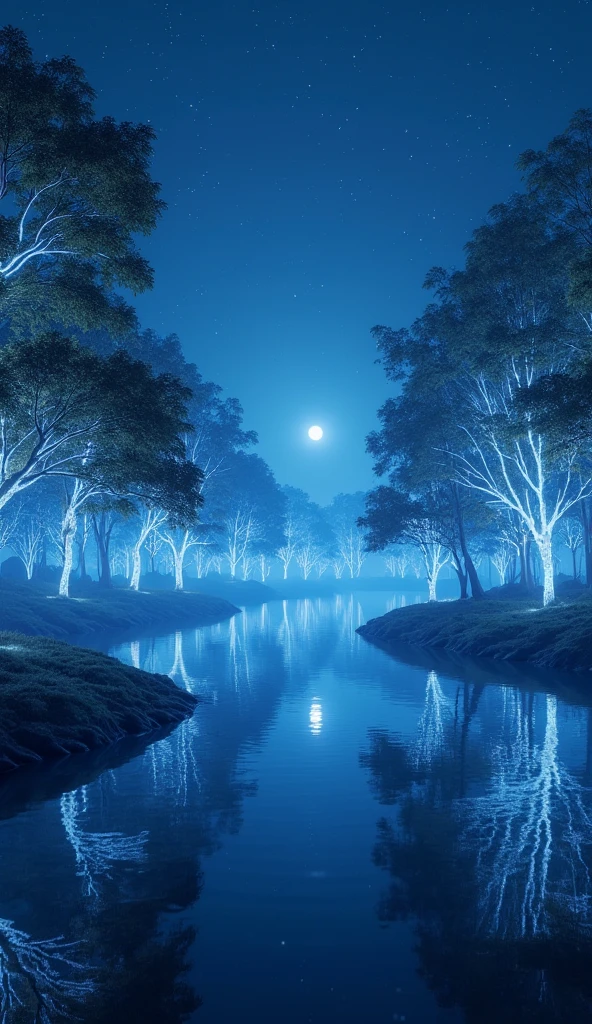 A serene lake surrounded by glowing bioluminescent trees under a starry ...
