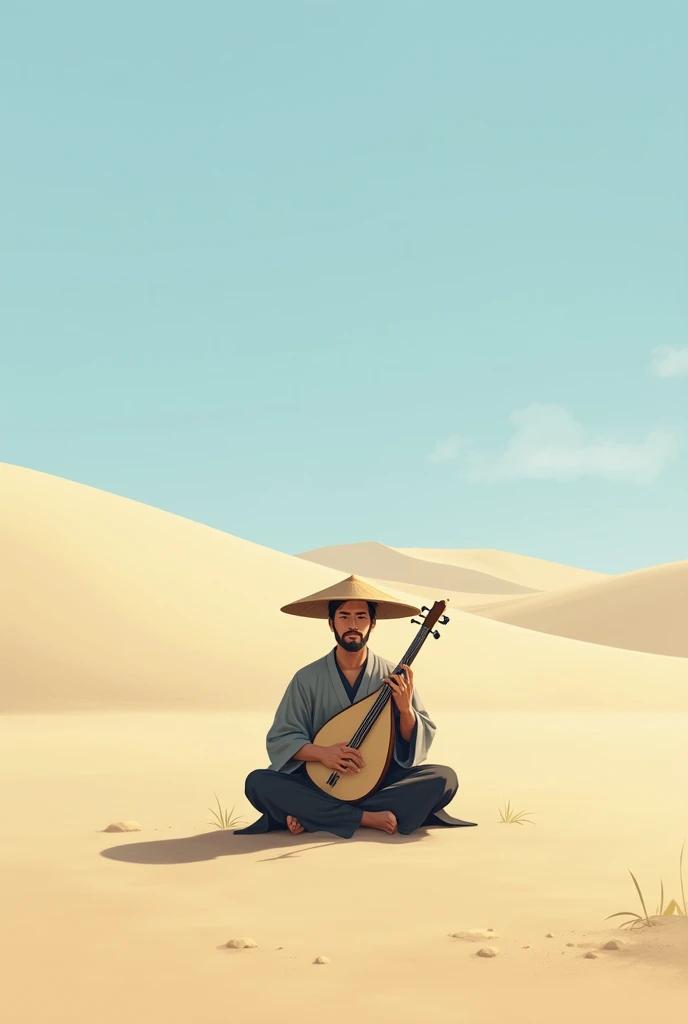A Japanese with a straw hat playing a pipa instrument in the desert and ...