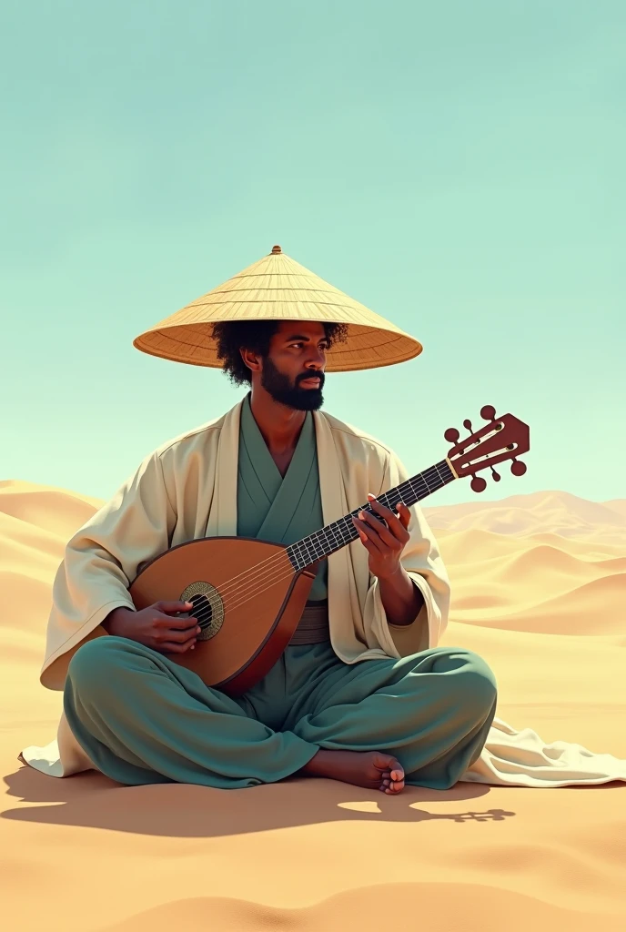 A black Japanese with a straw hat playing a pipa instrument in the ...