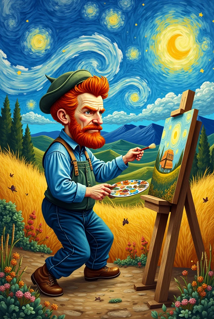 Create a Van Gogh cartoon painting a landscape - SeaArt AI