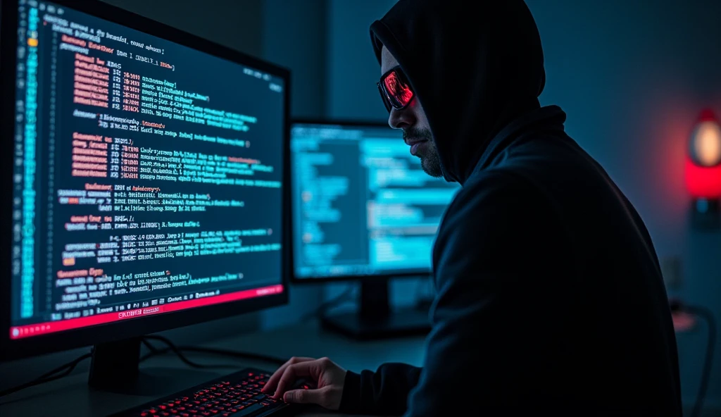 A high-tech digital crime scene: layers of complex code fill the screen ...