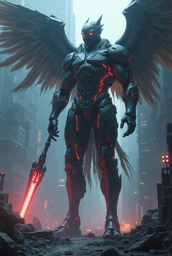 A towering cybernetic warlord, sculpted in shattered obsidian marble ...