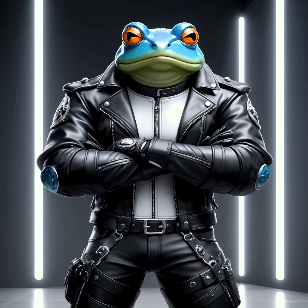 Solo, an extremely badass anthropomorphic light blue and white bullfrog ...