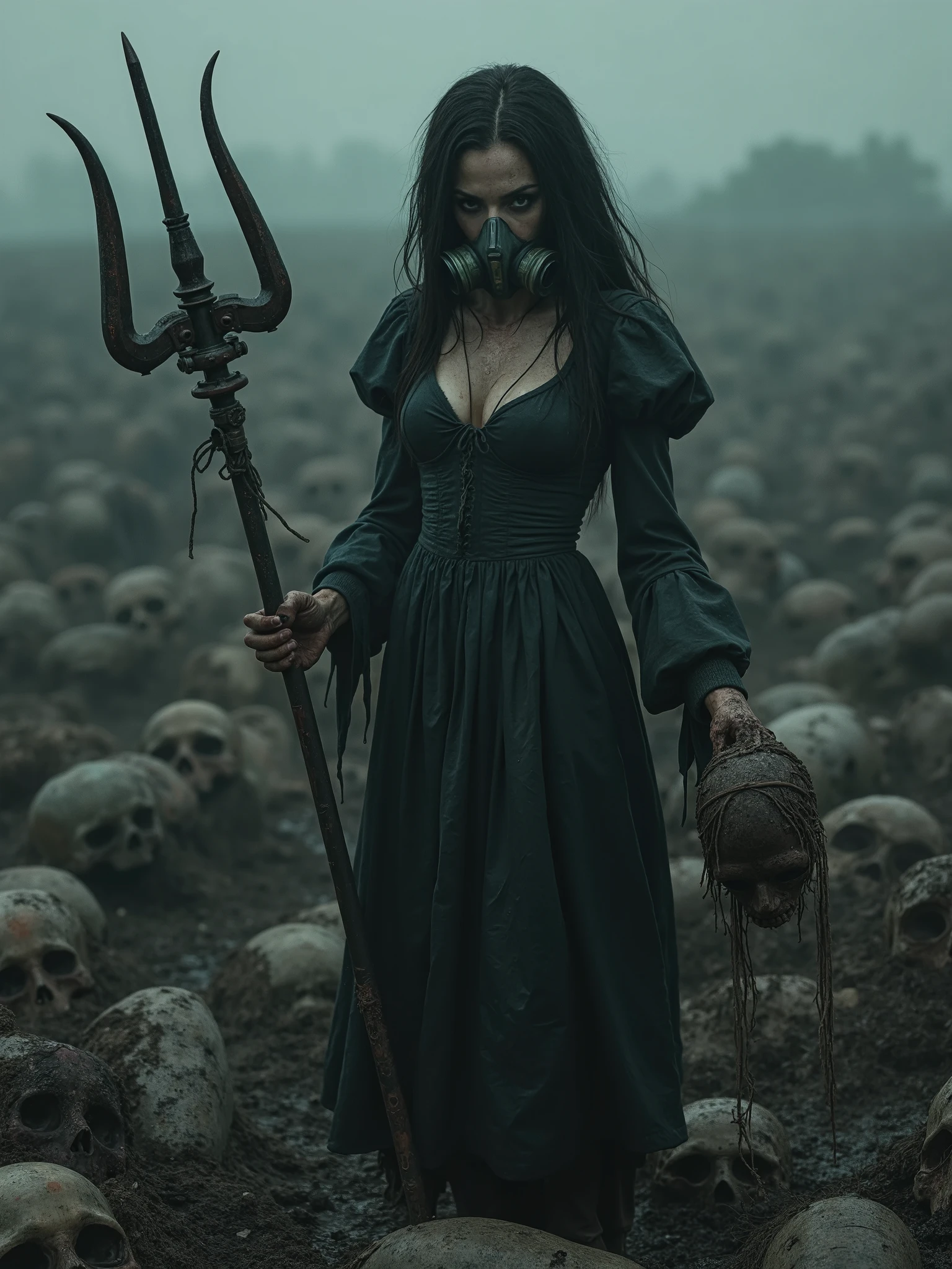 Arafed woman in a black dress holding a pitchfork in a field of skulls ...