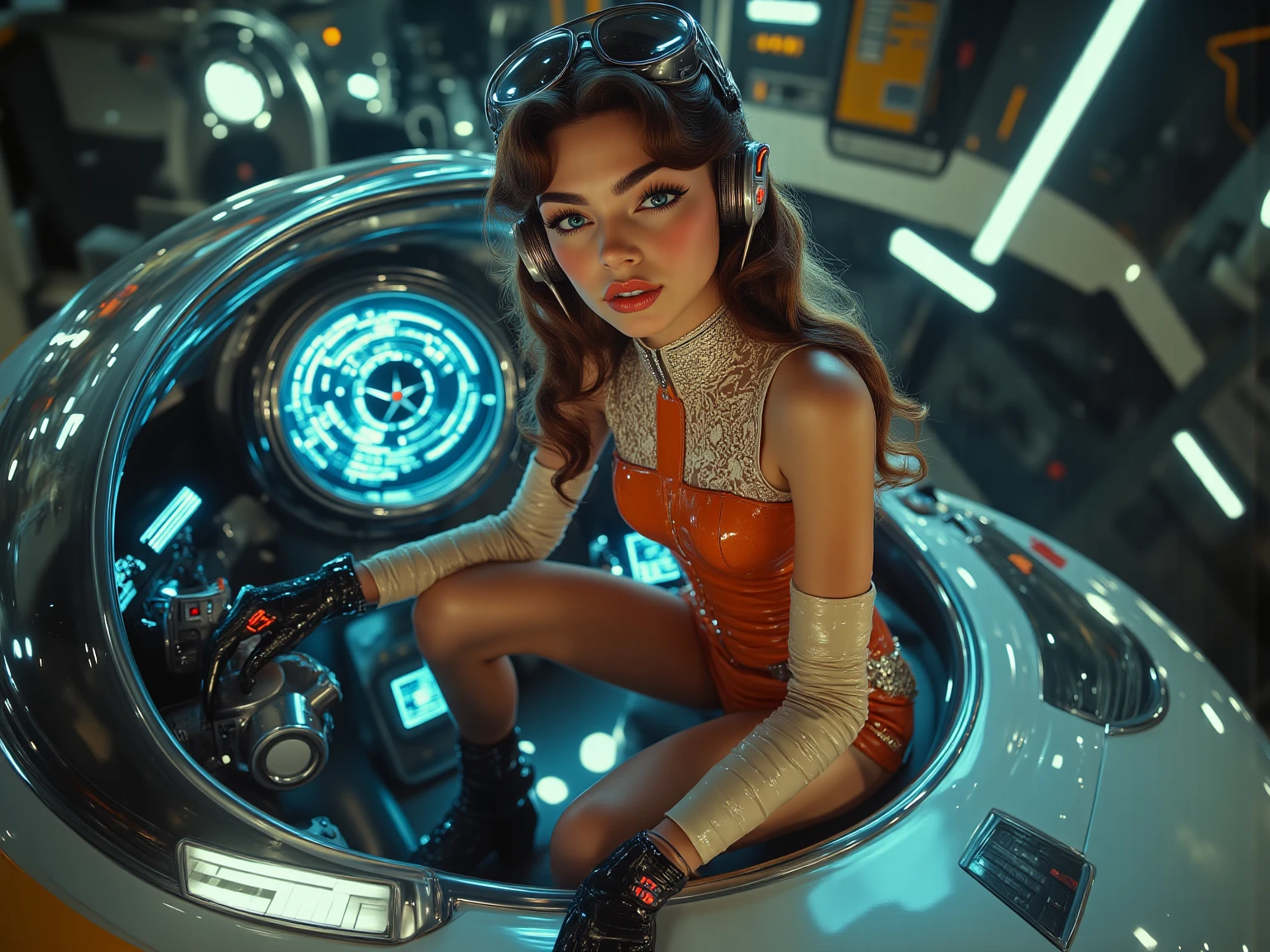 A cinematic full body retro50s_style A high-angle shot of a strikingly ...