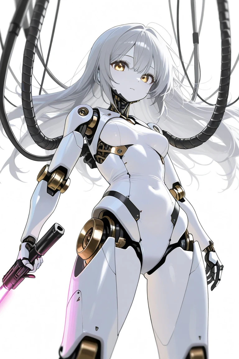 ( 最高品質, 背景の詳細), 最高品質, オリジナルの精緻なダイナミックアート, ( 金色の瞳), 腰から下の写真, 無機質な視線 , 精巧な機械関節, 強化外骨格, ホワイトレオタード ...