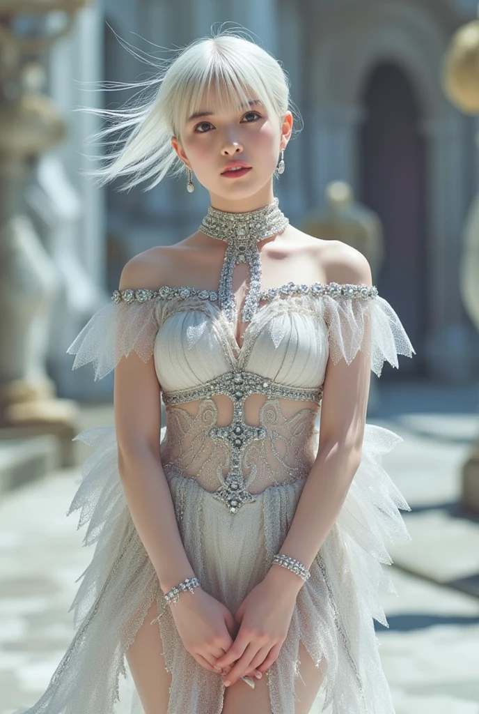 Image of jeweled Goddess, pure white pixie cut hair, Hair blowing in the wind - SeaArt AI