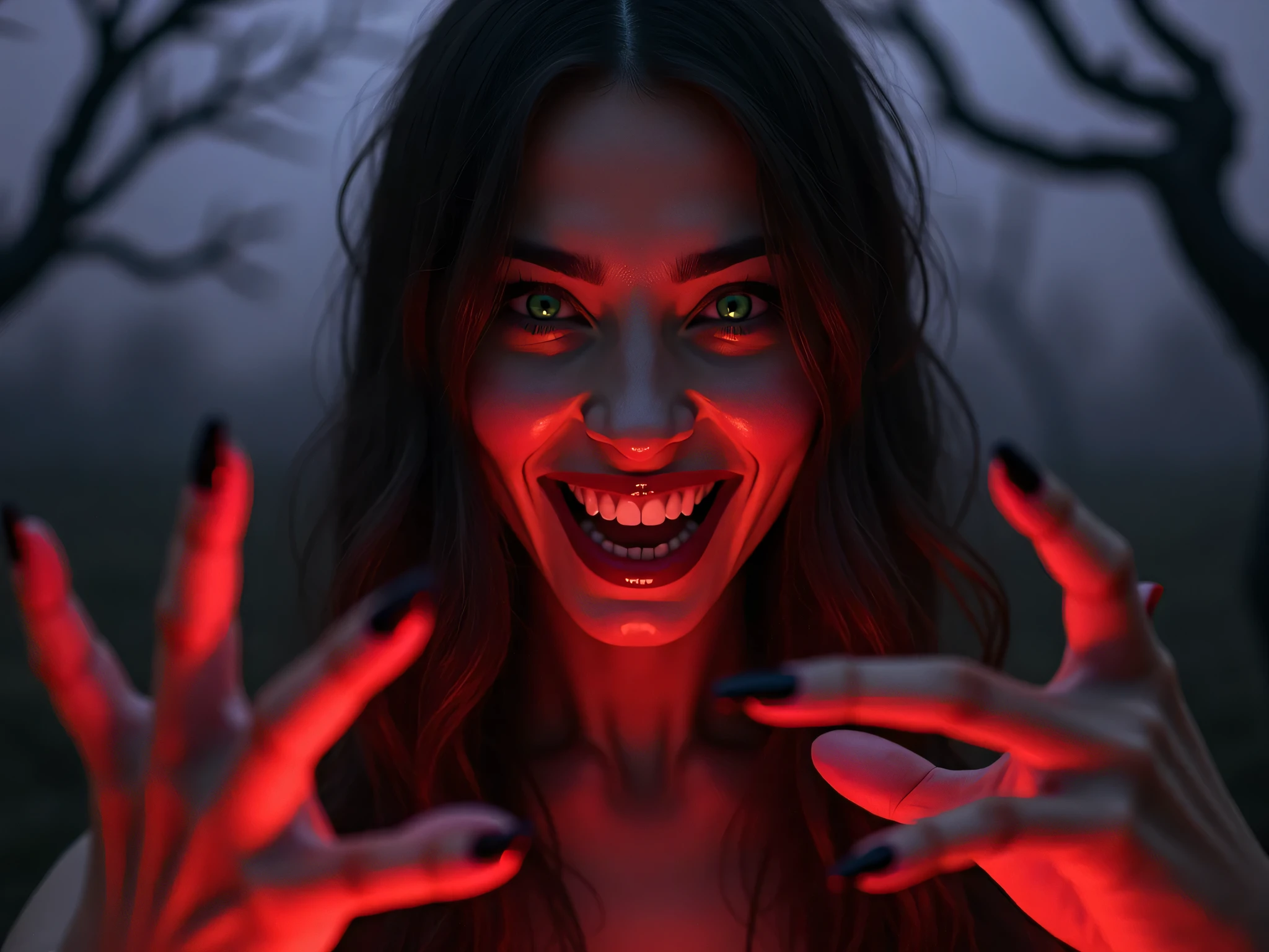Arafed woman with red glowing hands and fangs in a dark forest - SeaArt AI