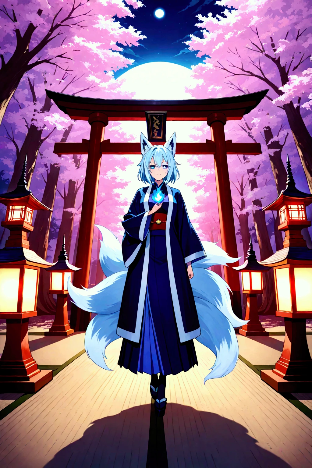 Torii Shrine maiden Nine-Tailed Fox fox Light blue hair beast girl ...