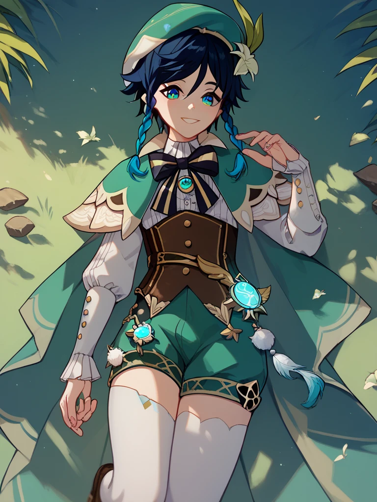 Genshin Impacto Venti 16-year-old femboy in a green suit - SeaArt AI