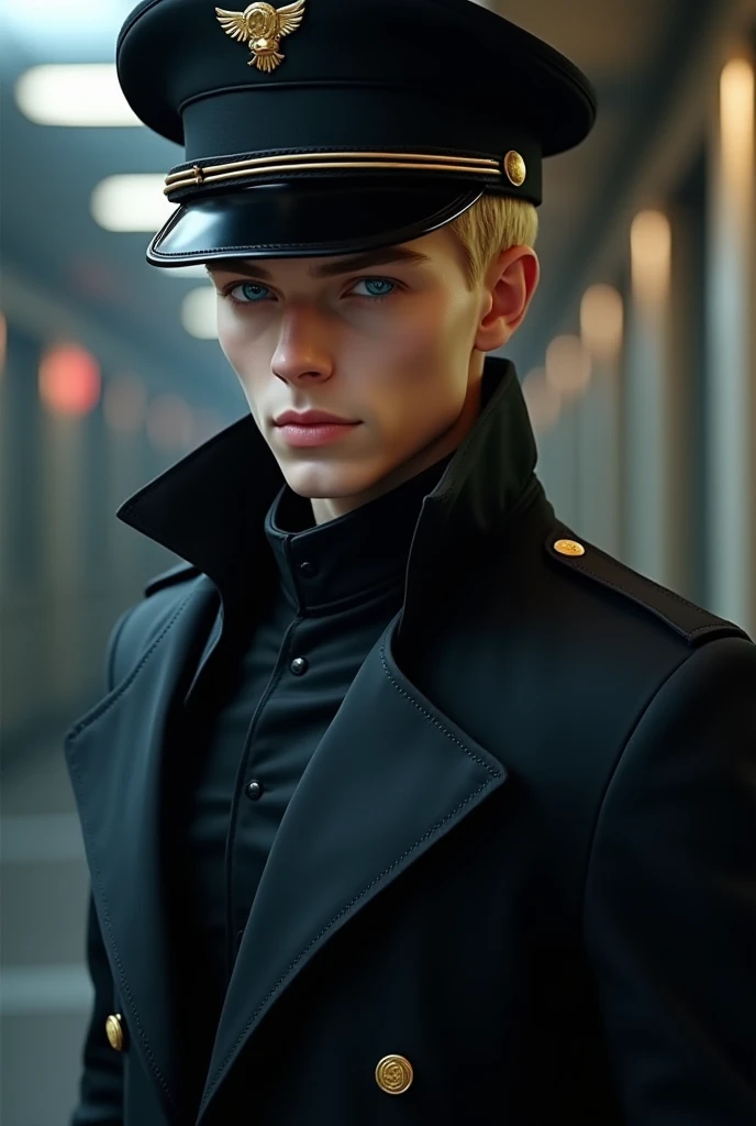 Create a blond man vtuber with sky blue eyes with black military trench ...