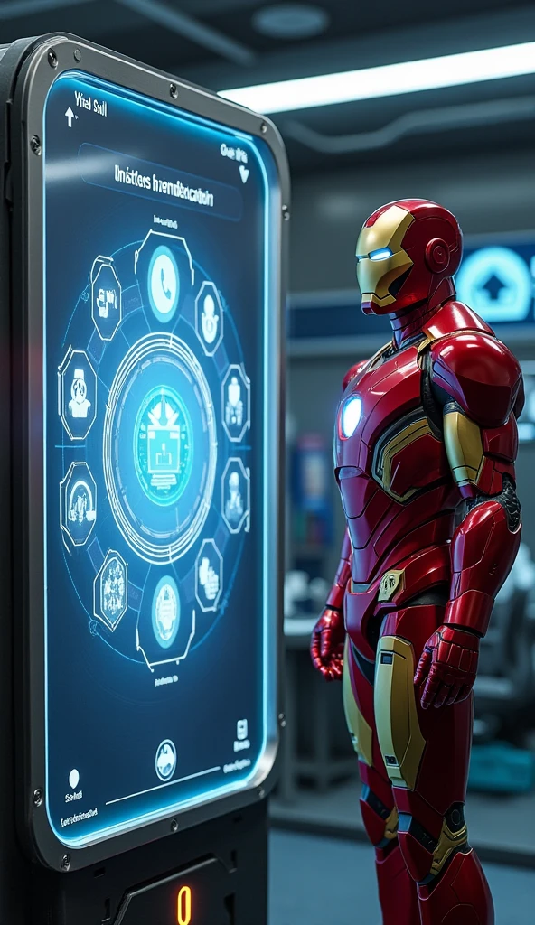 A detailed, futuristic lab with Iron Man standing near a large ...